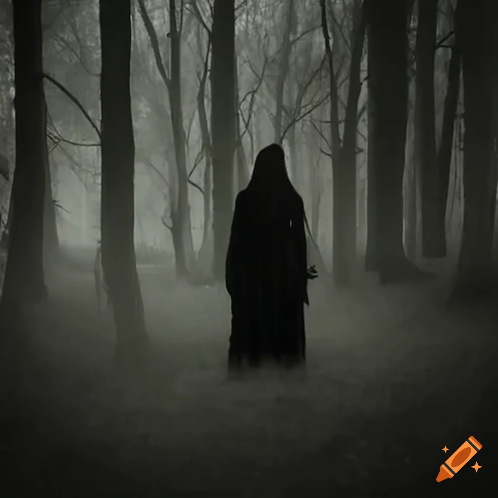 Eerie pale paranormal creature standing in the woods at night on Craiyon