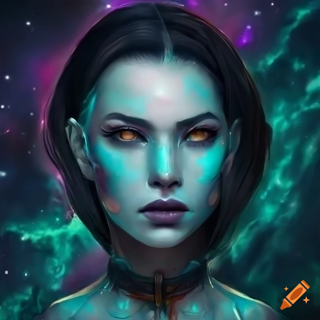 Beautiful face of a women warrior with long black hair and turquoise ...