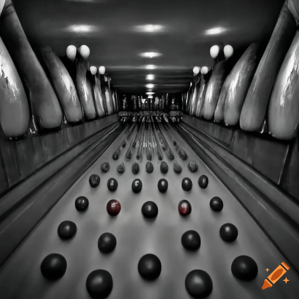 A demonic bowling alley with pins made of ebony, wide shot, gothic ...