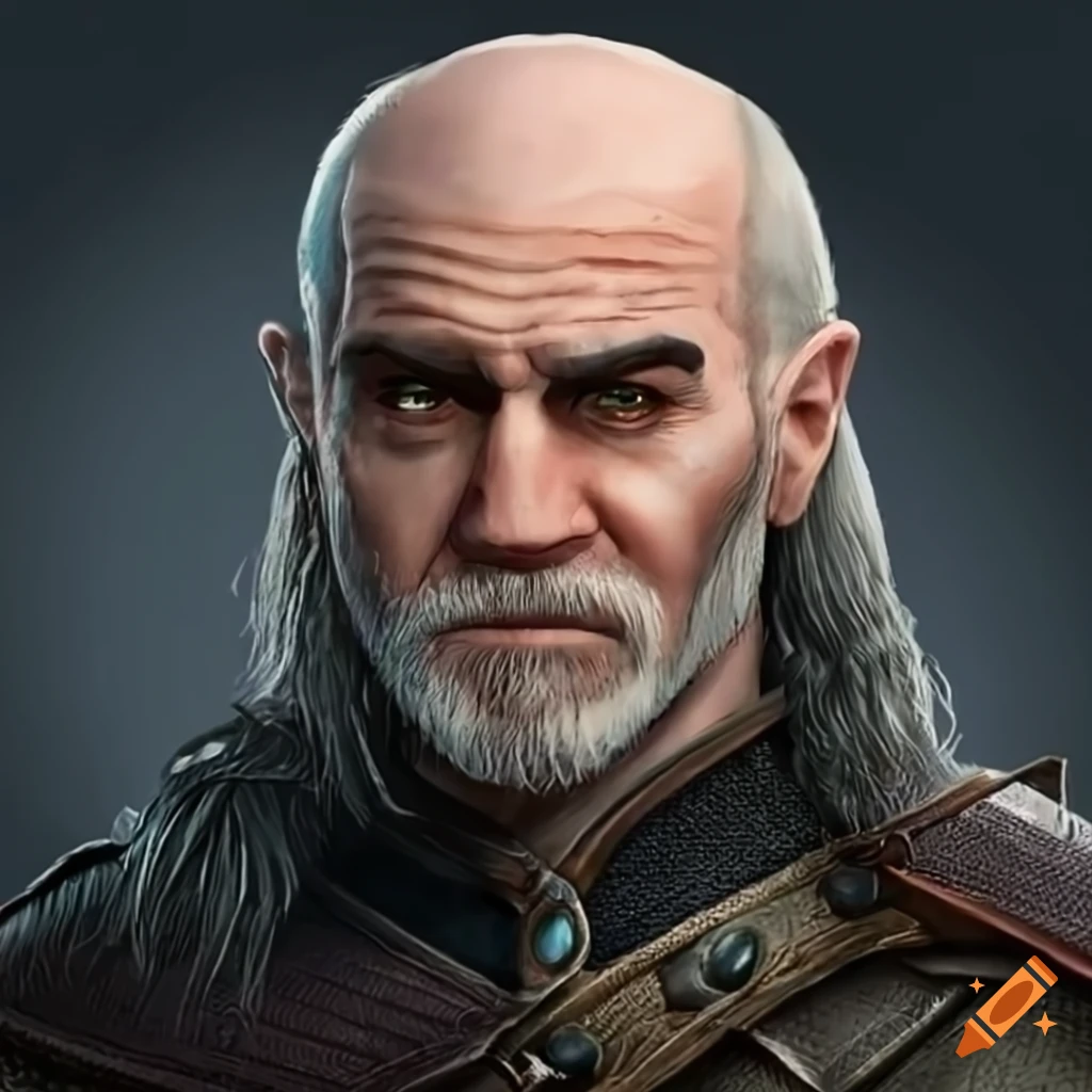 George carlin, smiling, bald, as as geralt of rivia on Craiyon
