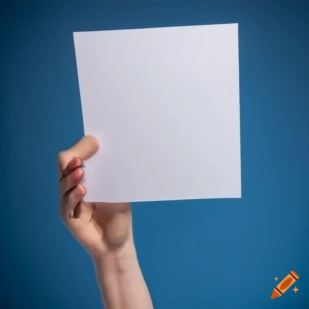 One hand holding up a white paper and blue background