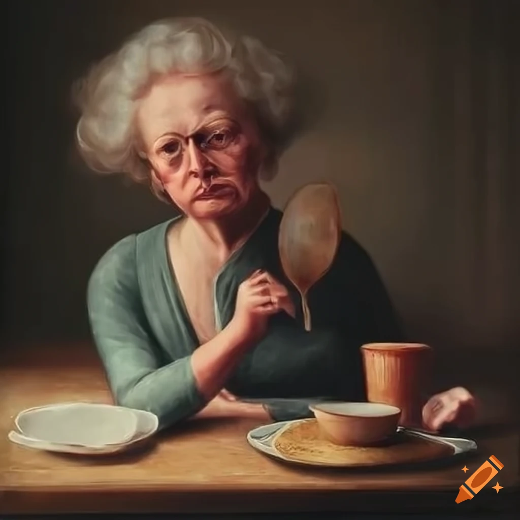 Sad lady, sitting at the kitchen table, by james mackeown on Craiyon