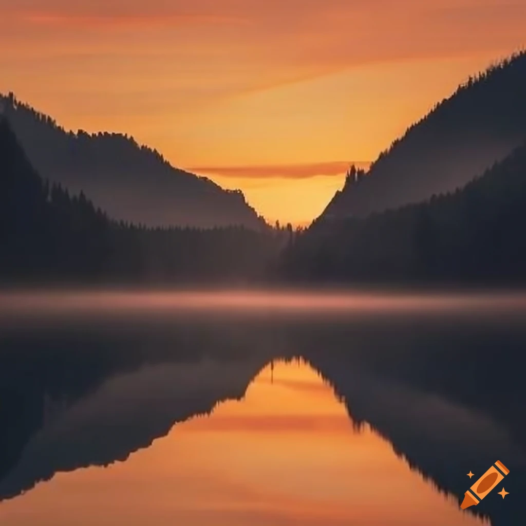 Sun rising between two mountains and reflection of this is shown in the ...