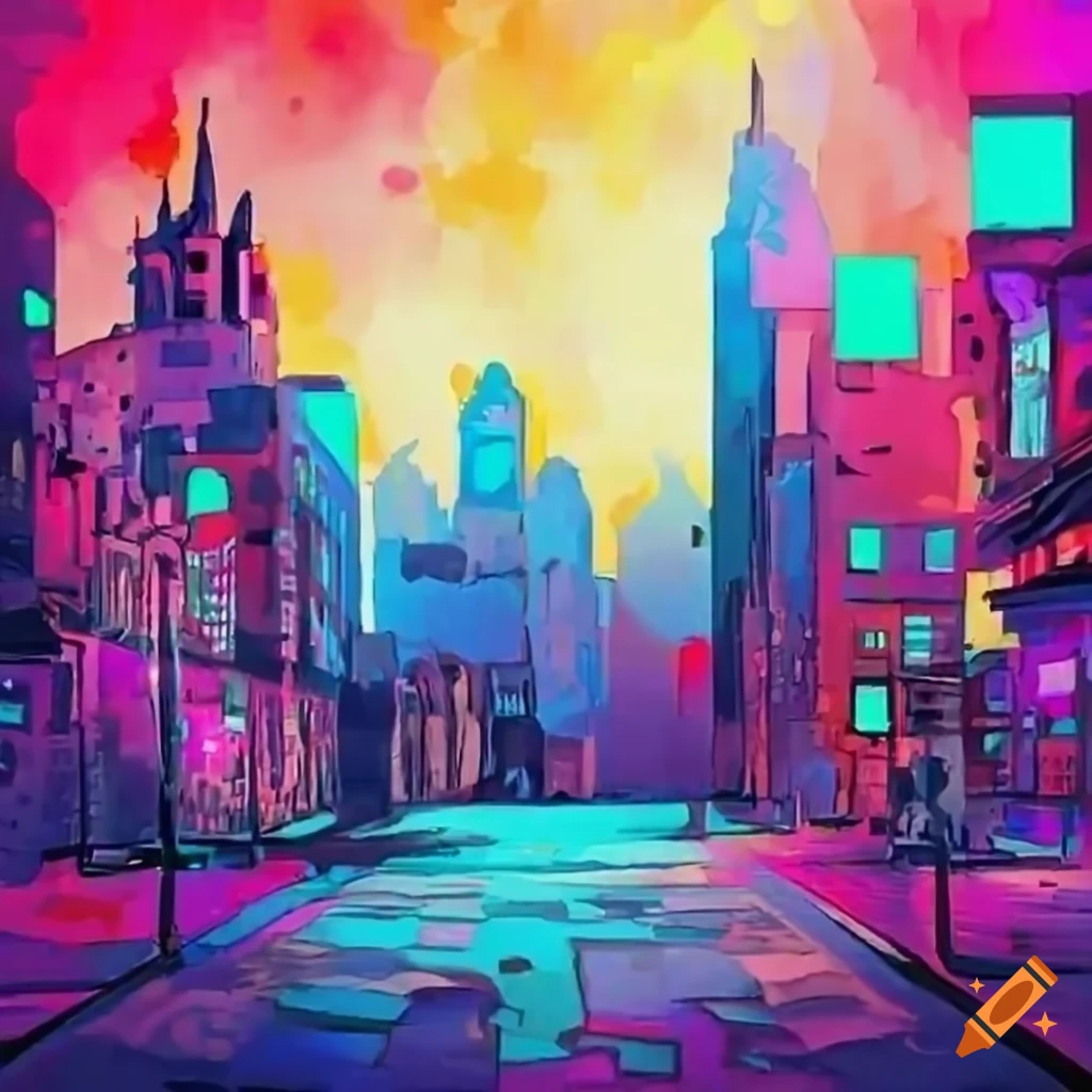 Dystopian cyber punk city street view