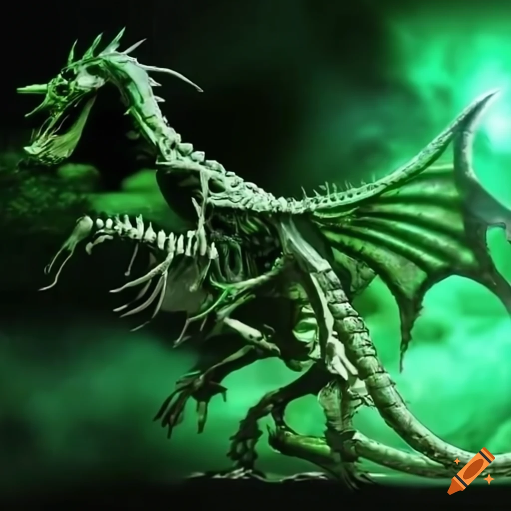 Ancient green dragon skeleton with green gas surrounding it on Craiyon