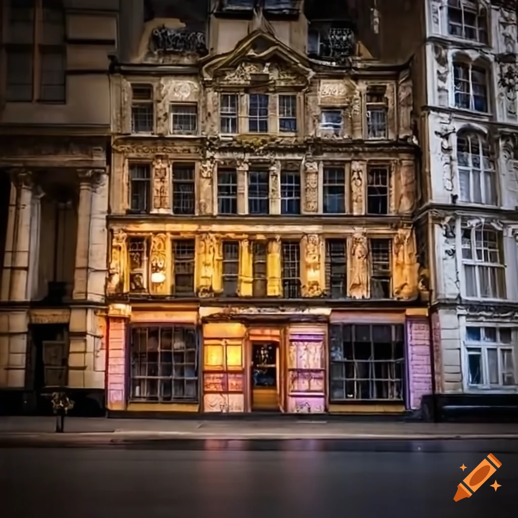 A creepy 7-store Victorian building in downtown London at night on Craiyon