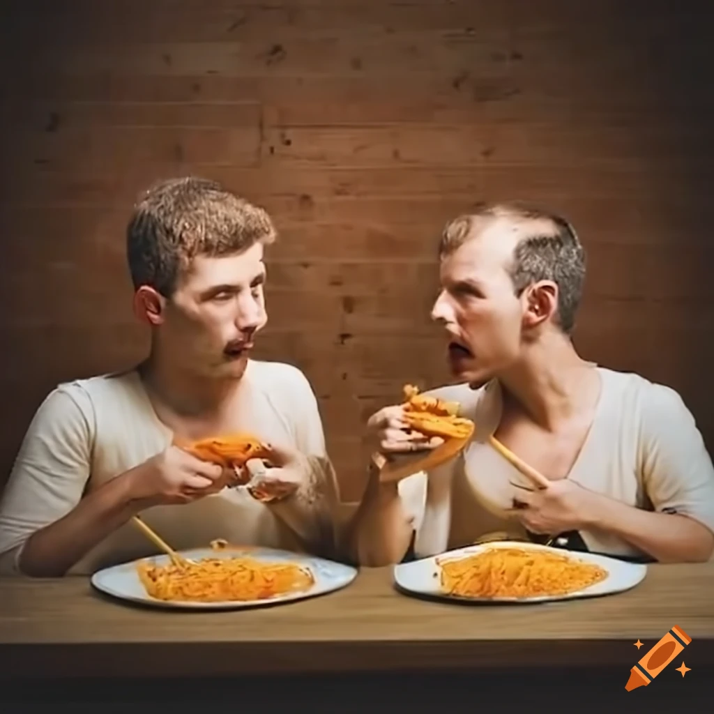Two men eating spaghetti on Craiyon