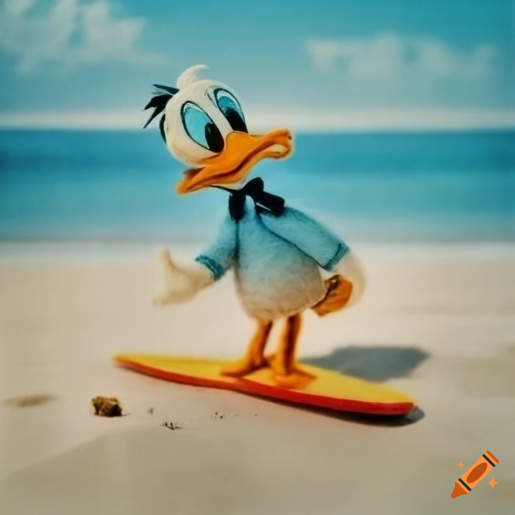 Needle felt Donald Duck with a surf board, on a sandy beach, waves ...