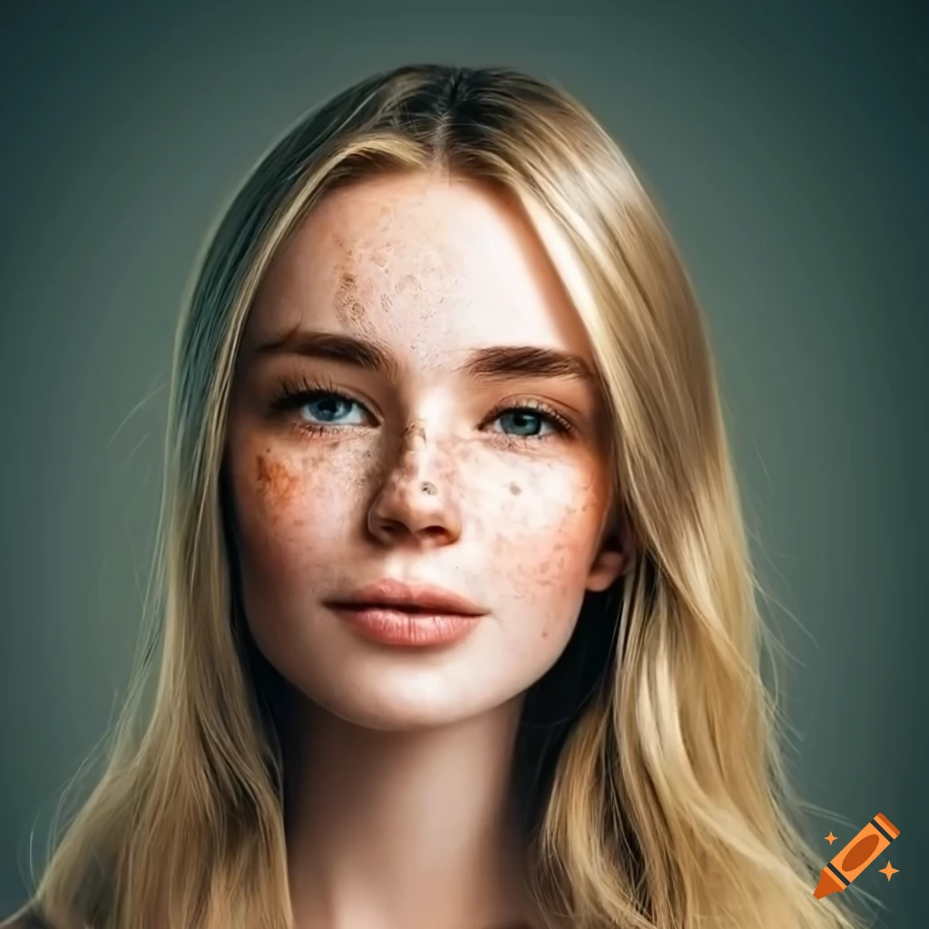 Pretty young woman delicate freckles shy smile dark blonde hair on Craiyon