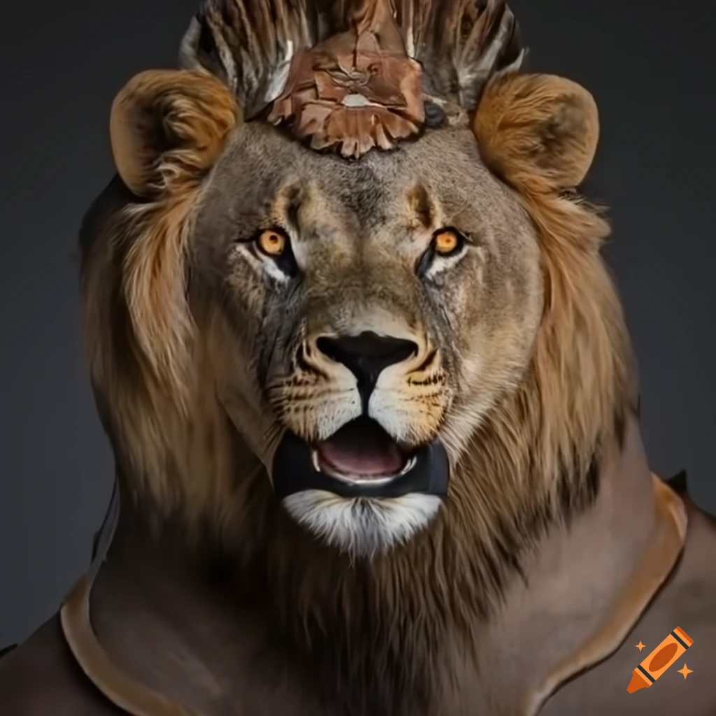 Heavy armored gladiator lion, photorealistic, sharp focus