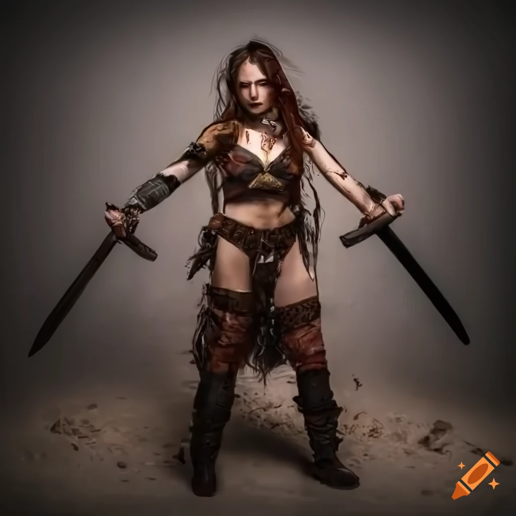 Post apocalyptic barbarian girl holding a sword standing in a desert wasteland on Craiyon