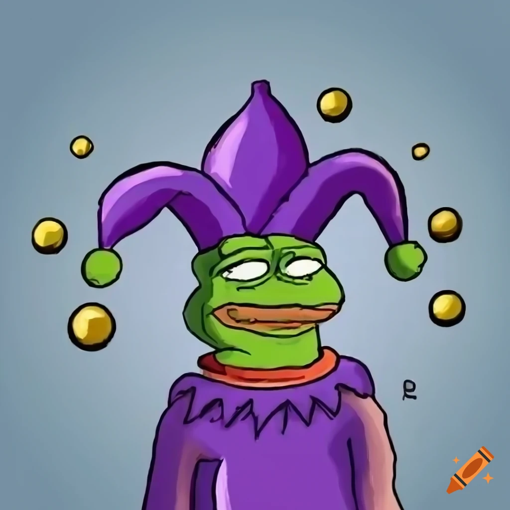 Jester, pepe the frog style, cartoon, 2d on Craiyon