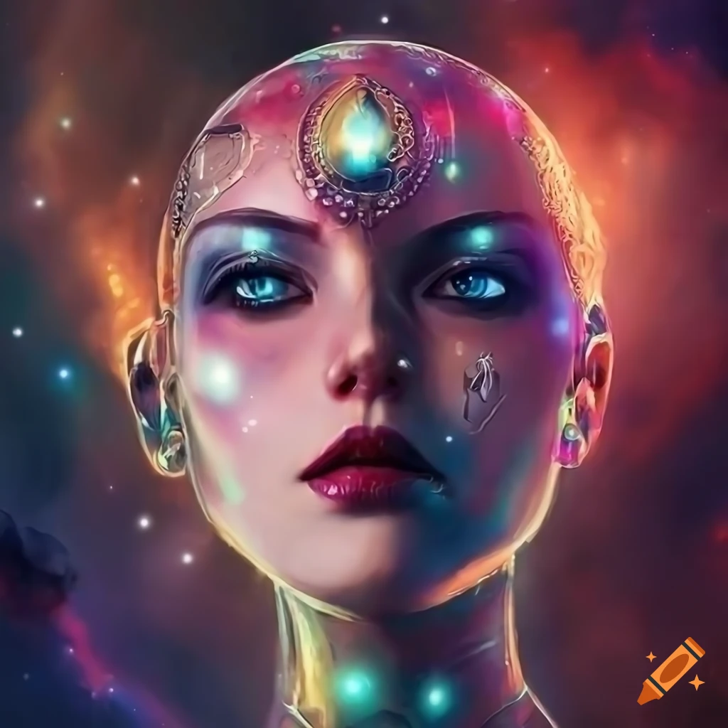 Beautiful face of a women with a cybernetic crown, stunning imperial ...