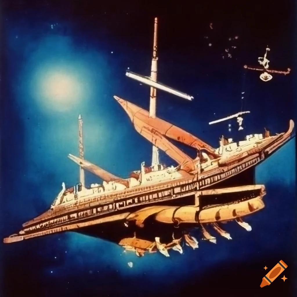 70s sci fi, flying pirate ship, trireme, space shuttle orbiter vehicle ...