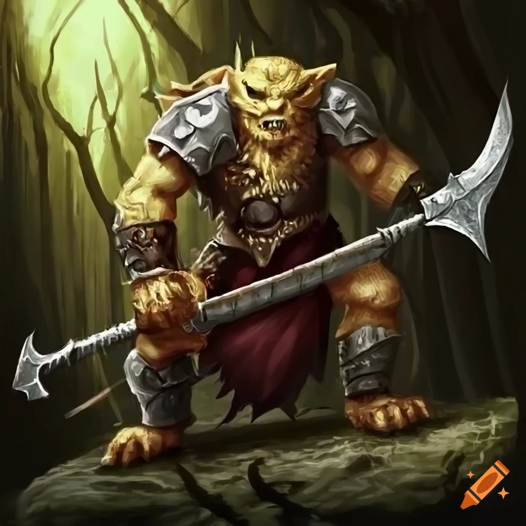 A fierce and imposing bugbear warrior wielding a halberd