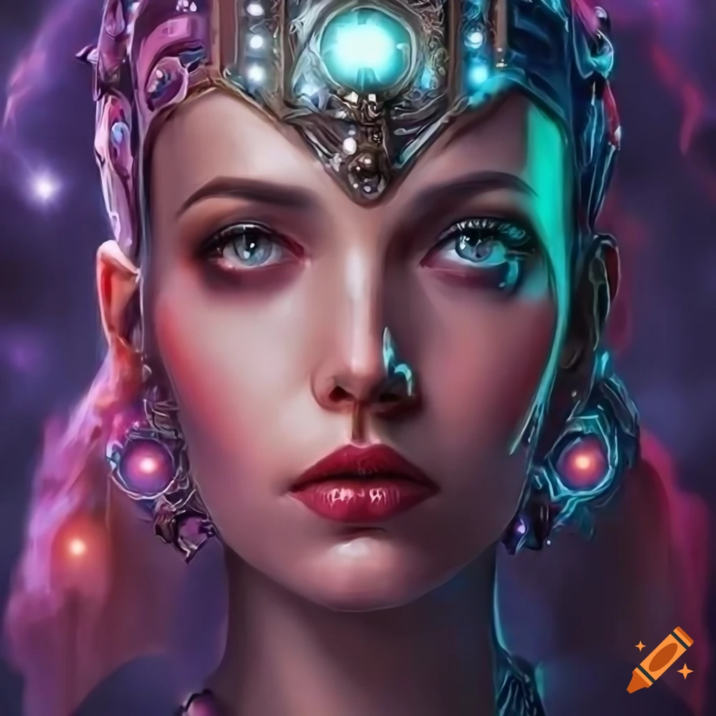 Beautiful face of a women with a cybernetic crown, stunning imperial ...