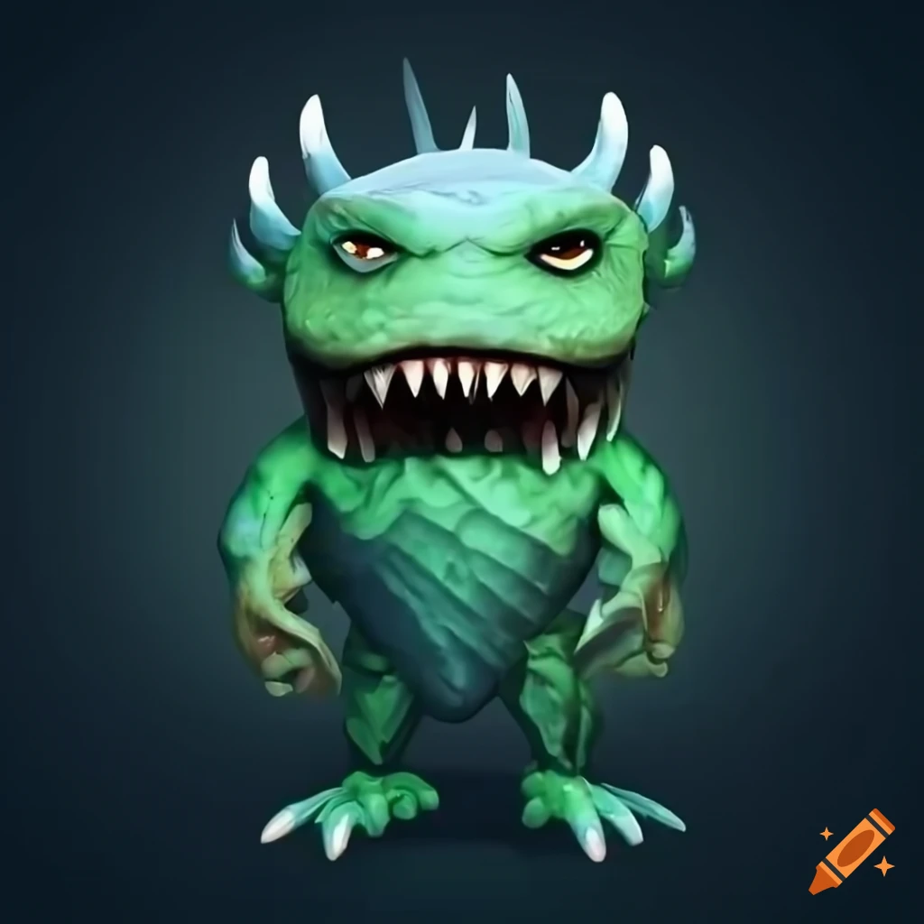 Adorable male monster, with 2 small white eyes, green skin, sharp teeth ...