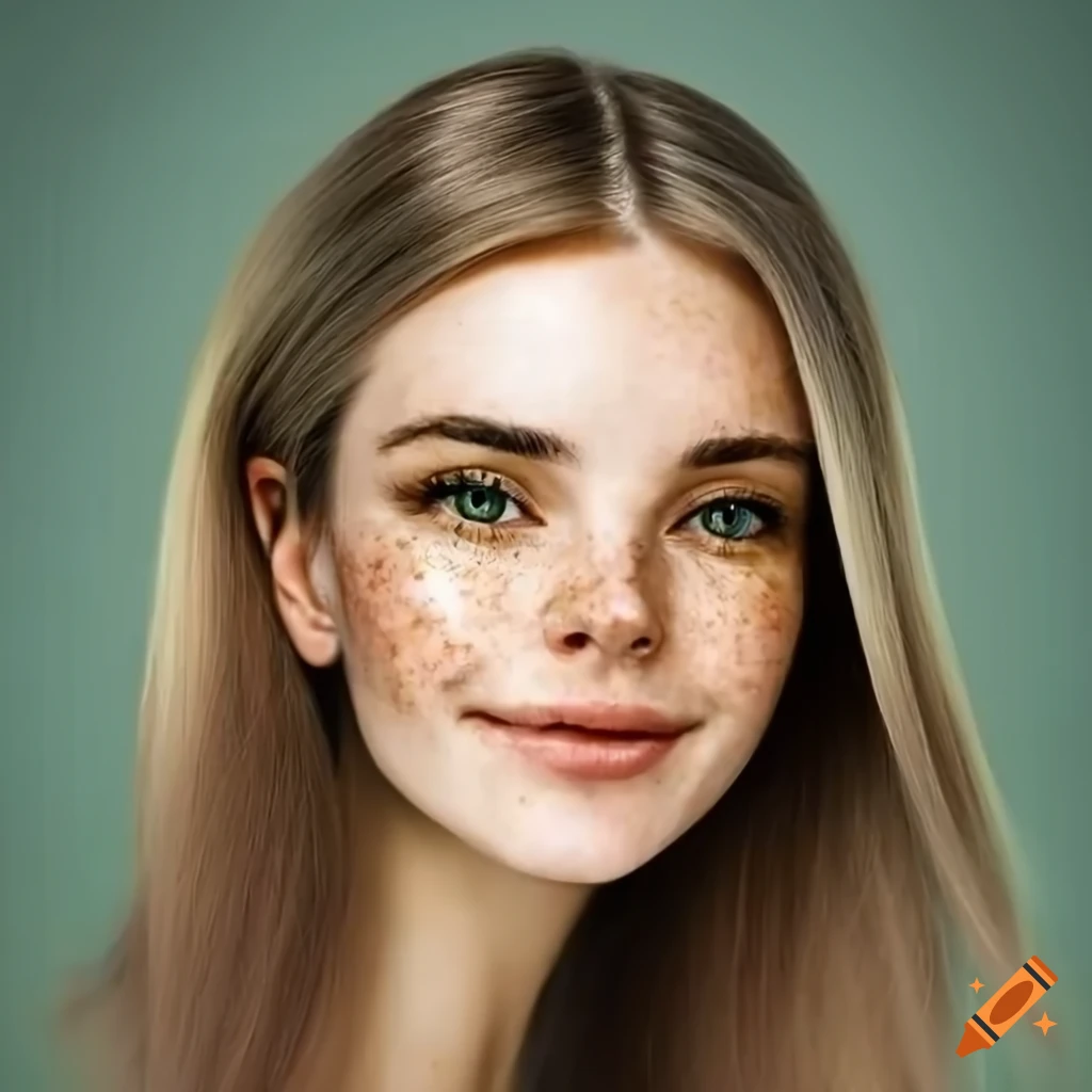 Pretty young woman delicate freckles shy smile dark blonde hair