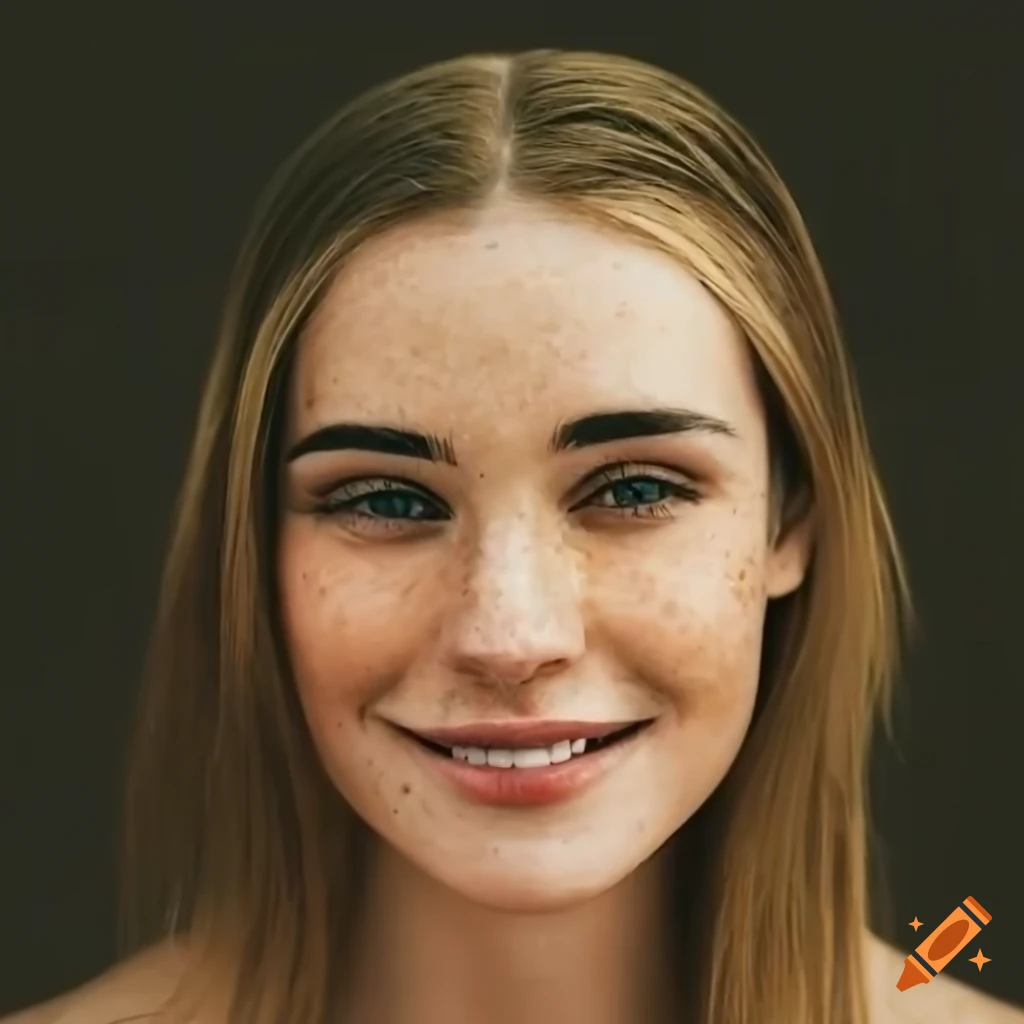Pretty young woman delicate freckles shy smile on Craiyon