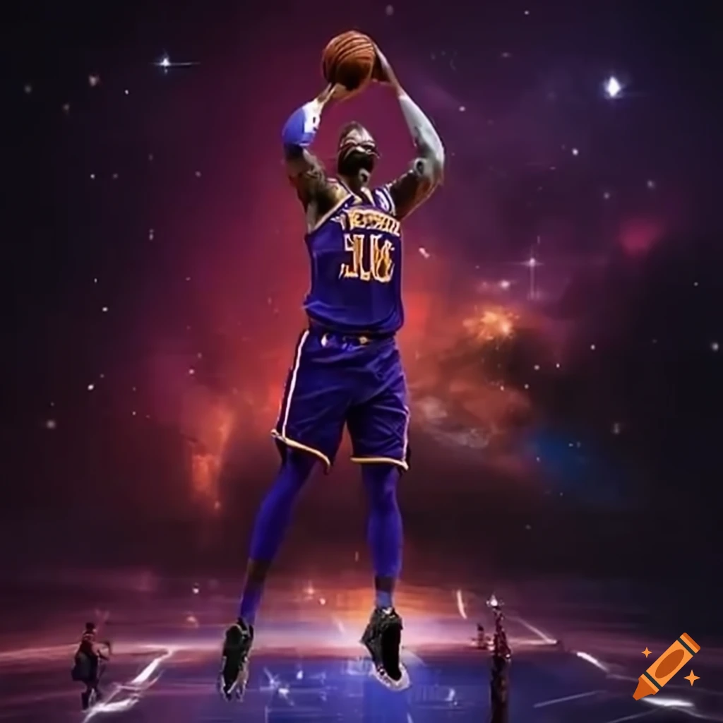 Lebron james hooping with a basketball in space on Craiyon