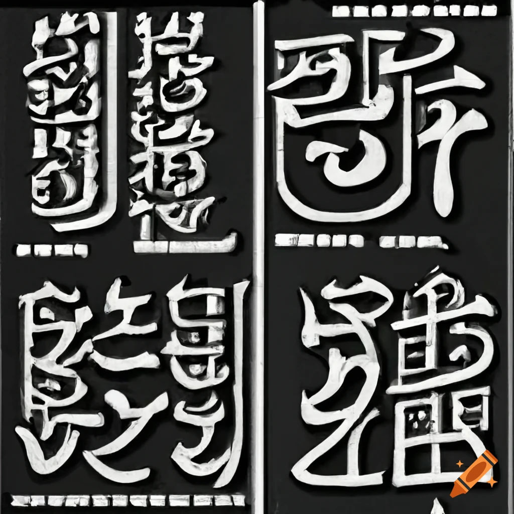 Alien logographic characters, blocky, ornate, baroque, elaborate ...