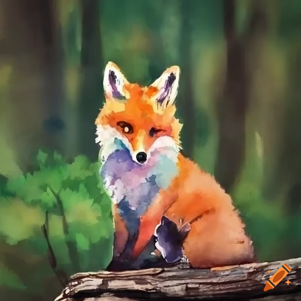 A cute watercolor fox sitting on a log in the forest