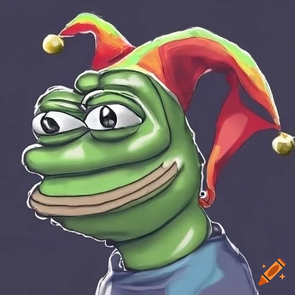 A mischievous cartoon character, inspired by Pepe the Frog, jester hat ...