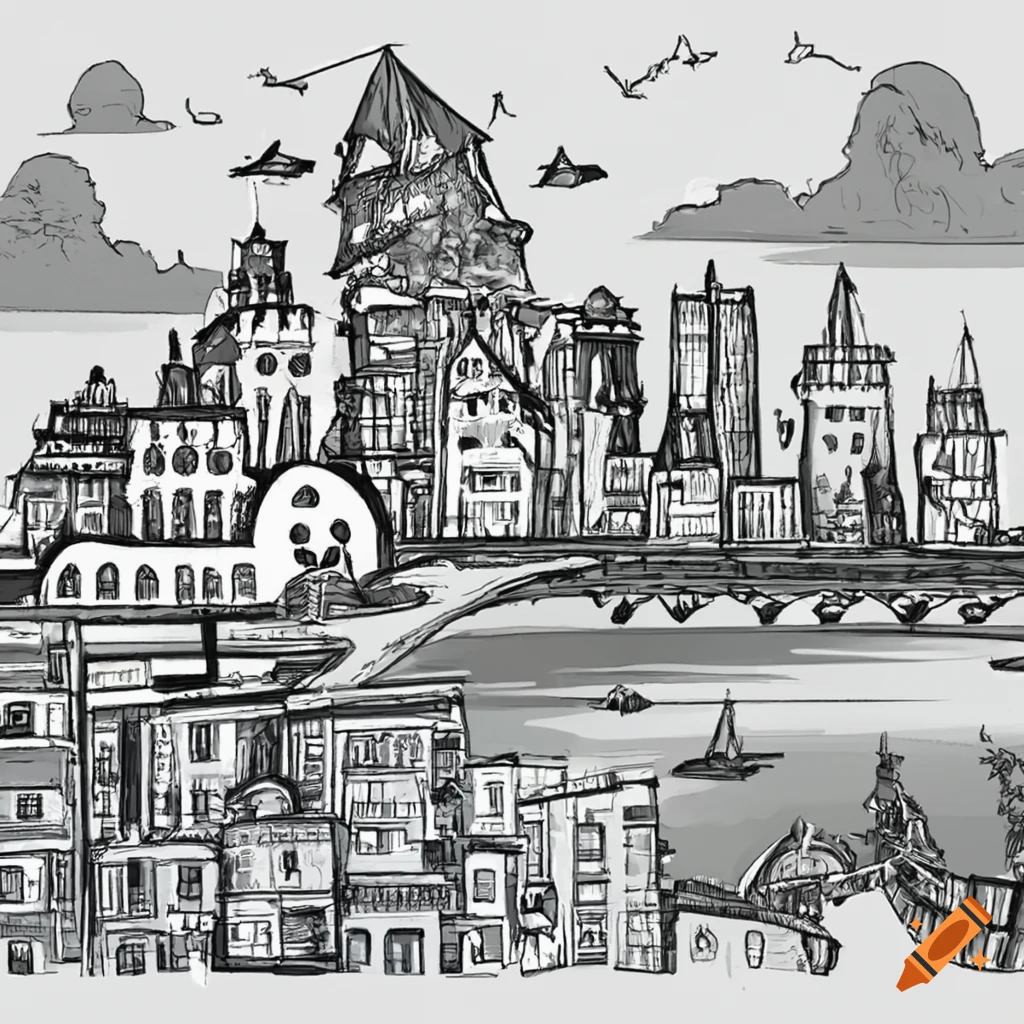 Fantasy d&d harbor city on the coast with multiple plateaus on hills and bridges with high ...