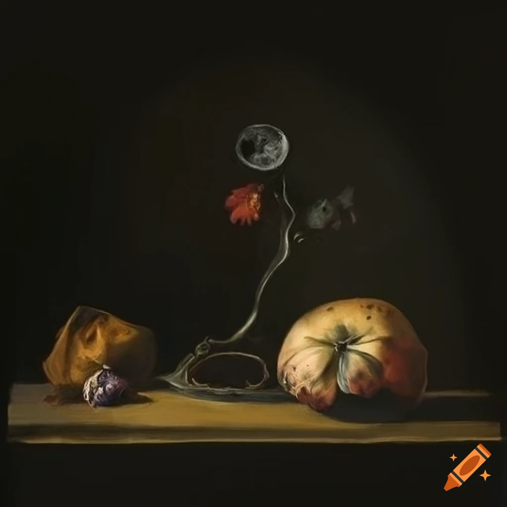 A dark and eerie landscape combined with a renaissance still life ...