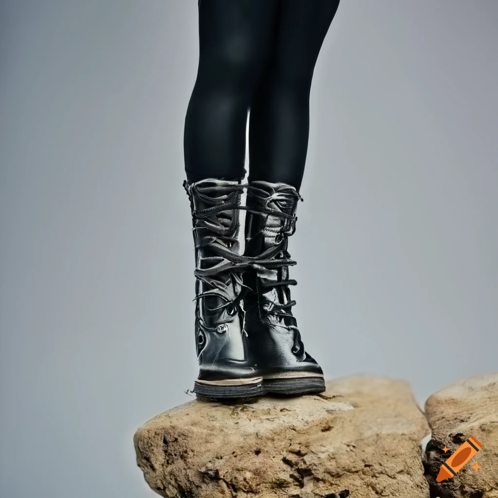 Girl wearing boots stepping on rock. legs closeup. gray background on ...