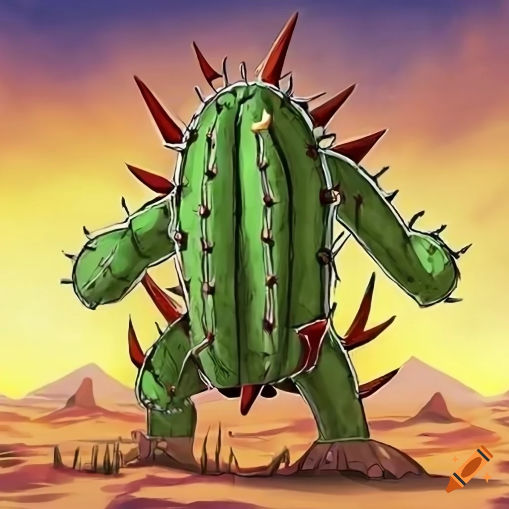 Yu gi oh card art style gigantic walking cactus in a desert with a ...