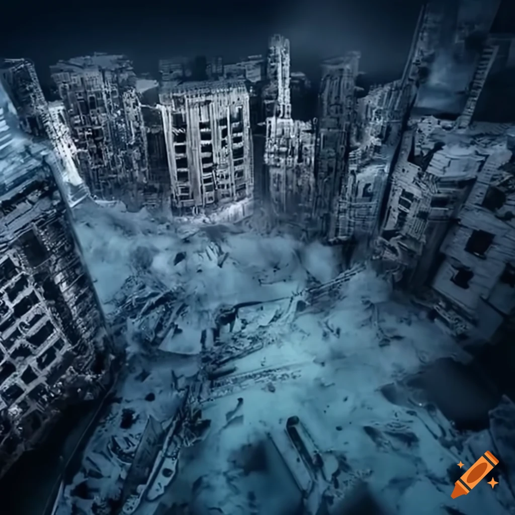 Frozen, futuristic destroyed city as seen from above