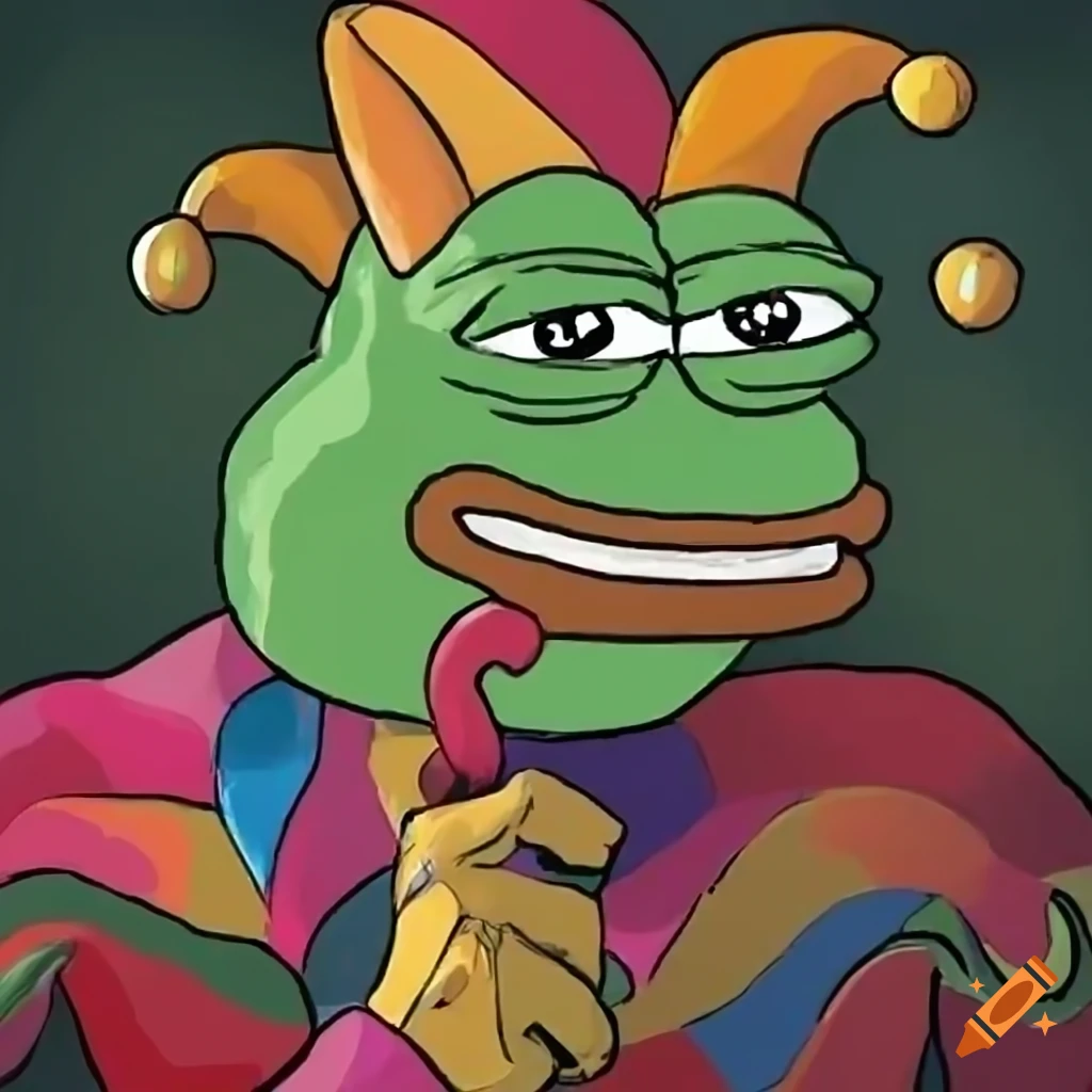 A mischievous jester with a unique cartoon style, pepe the frog style ...