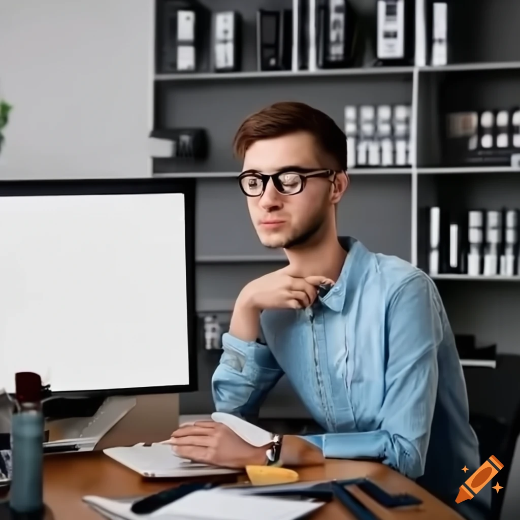 Young man without glasses accountancy working in office on Craiyon