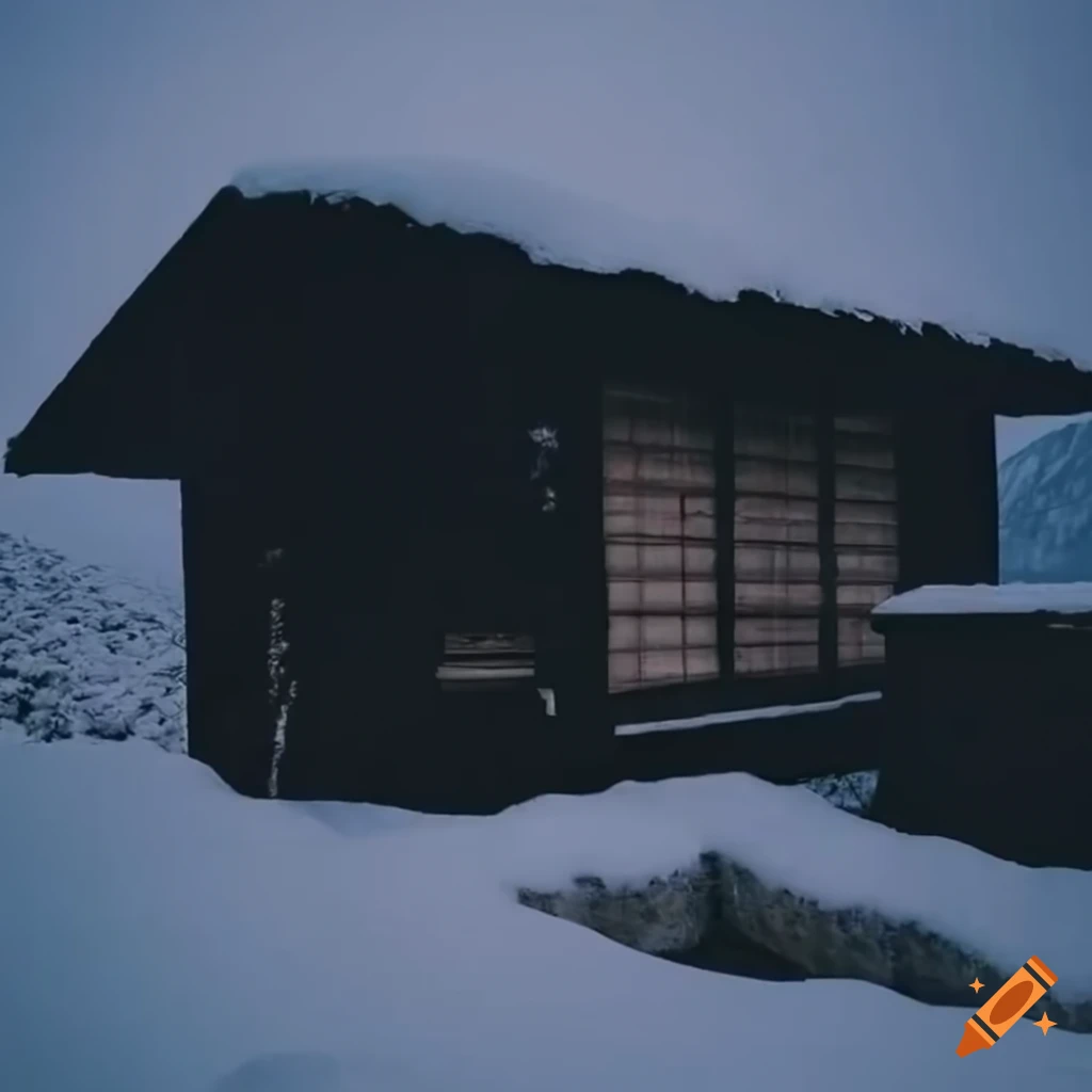 Medium sized dark Japanese hut in a snowy mountain valley on Craiyon