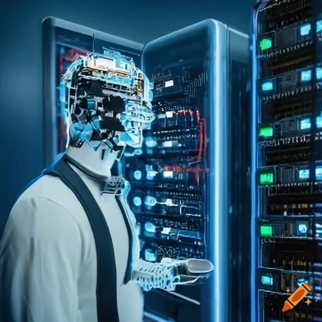 Man connected to ai server with cable in head