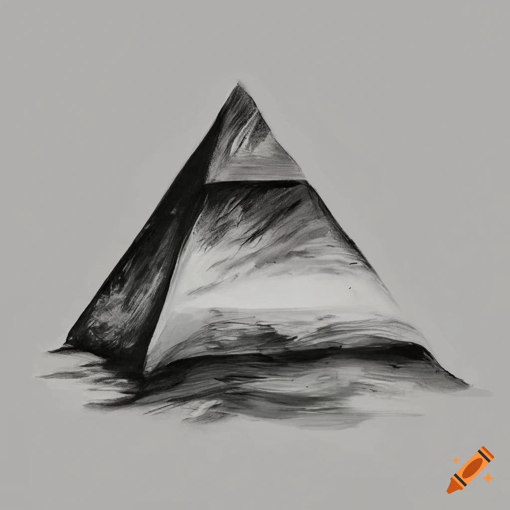 Pyramid, equilateral triangle, standing on its top in the sand, up side ...