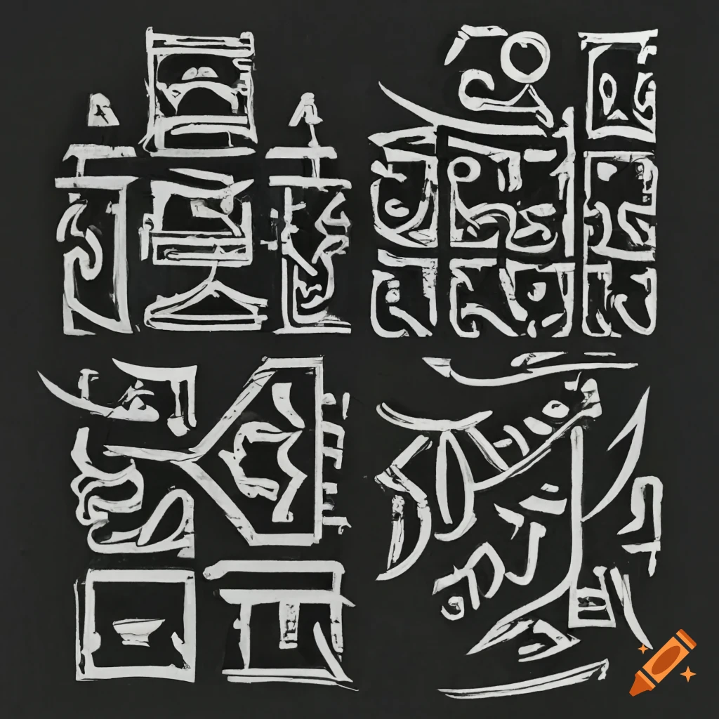 Alien logographic characters, blocky, ornate, elaborate, detailed ...
