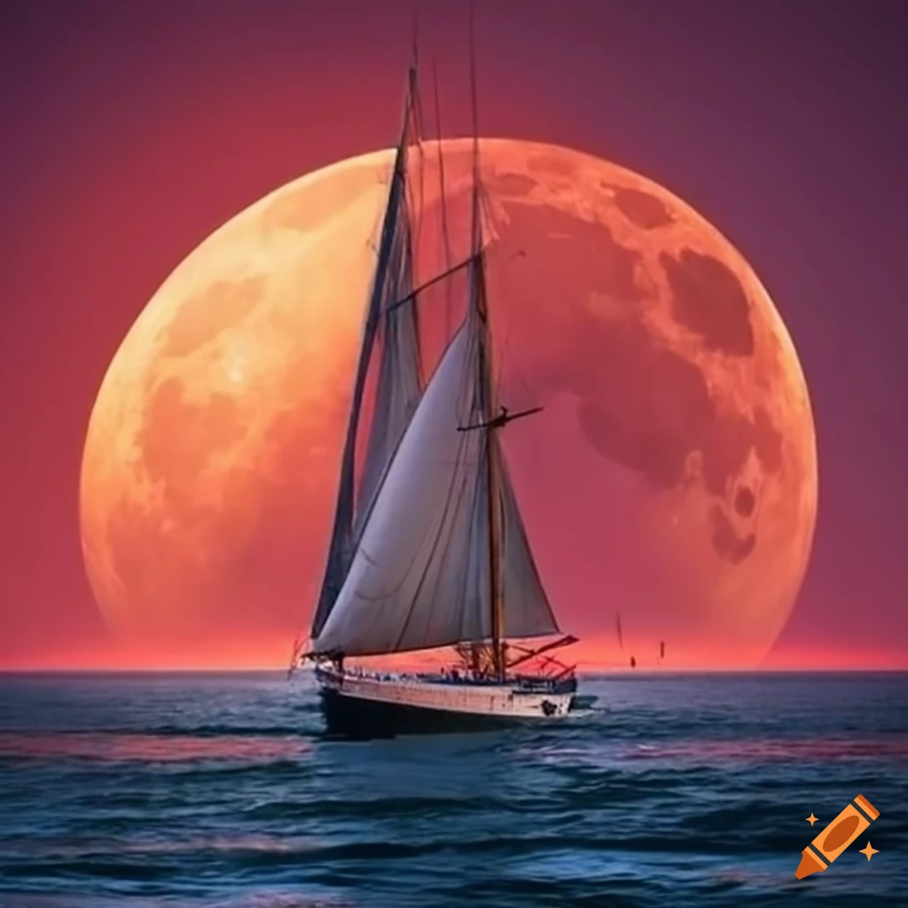 Epic style sailing boat under a big red moon on Craiyon