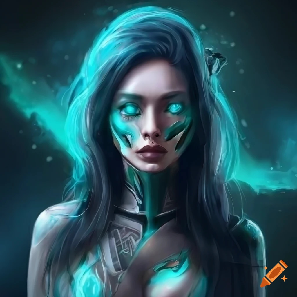 Beautiful face of a women warrior with long black hair and turquoise ...