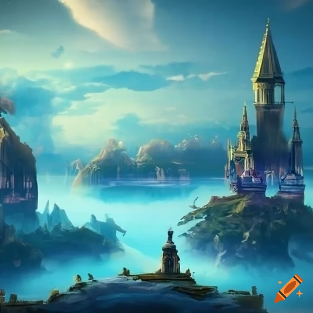 Fantasy cityscape with towering spires and magical floating islands on ...