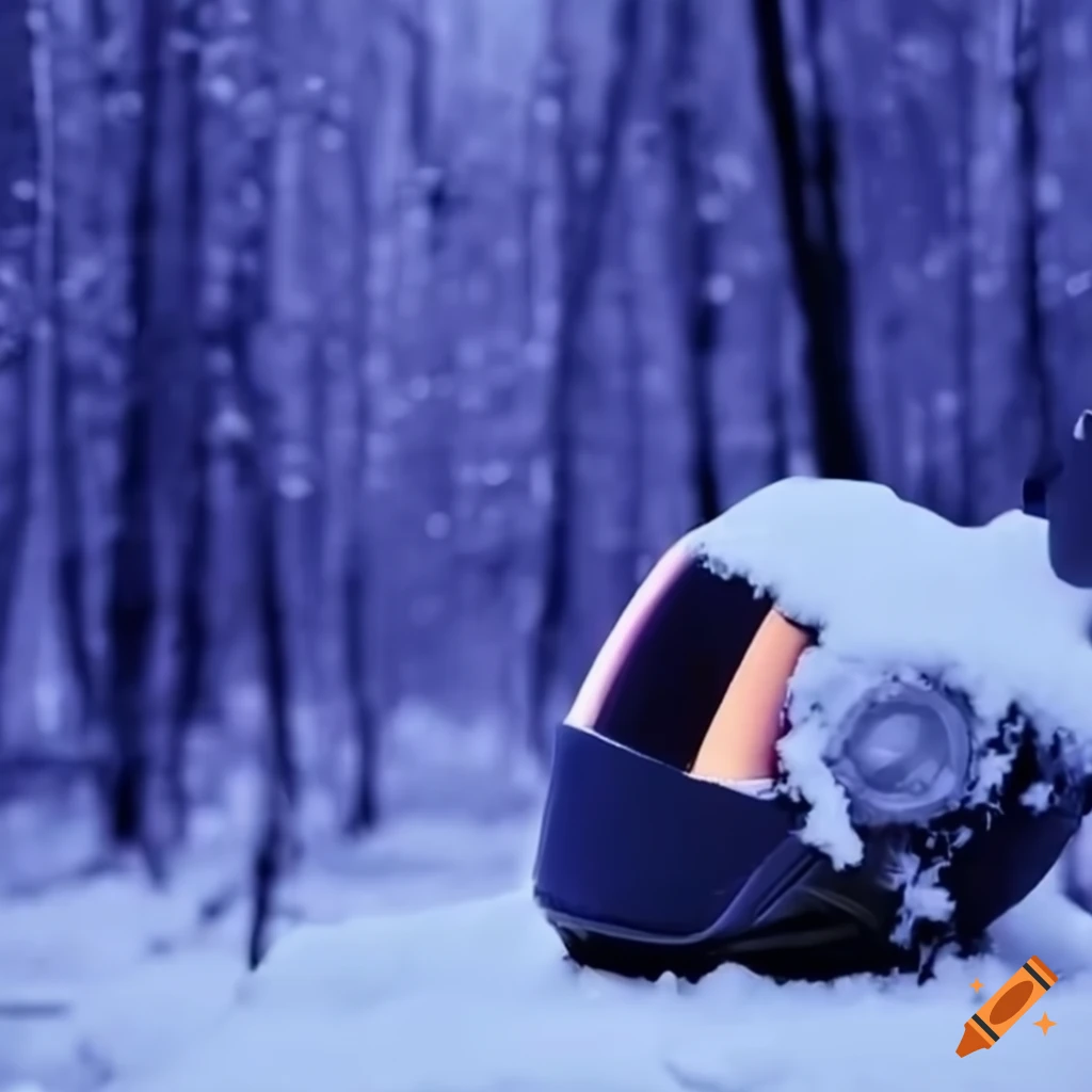Glowing visor helmet covered in snow