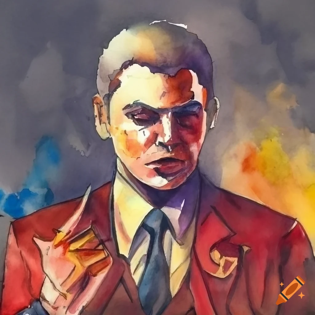 Soviet USSR bodyguard in a suit. Watercolour on Craiyon