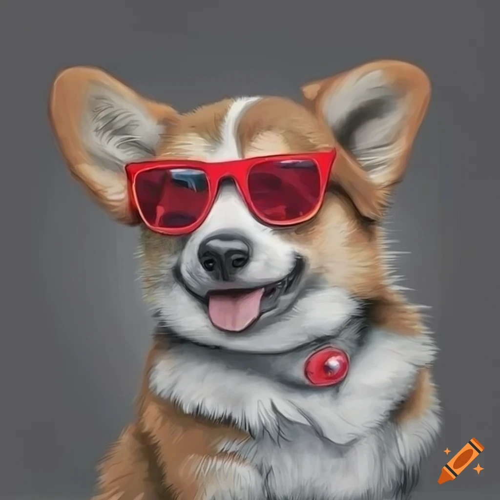 Hyper realistic side profile drawing of a baby corgi wearing red sunglasses