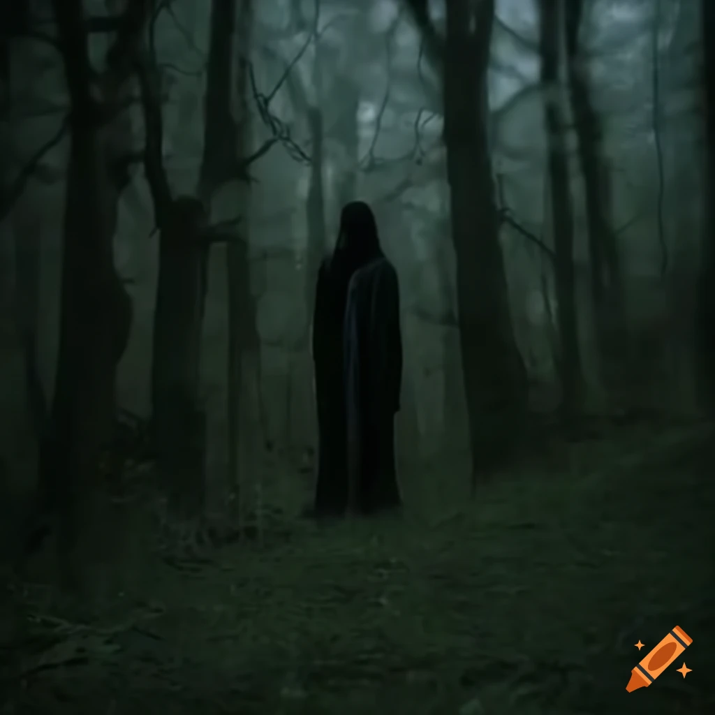 Creepy paranormal creature standing in dark forest on Craiyon
