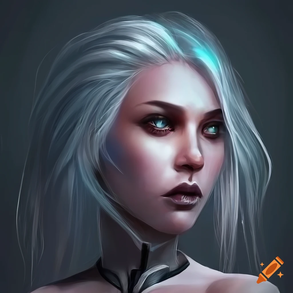 Beautiful face of a women warrior with long black and silver hair, stunning cybernetic portrait ...