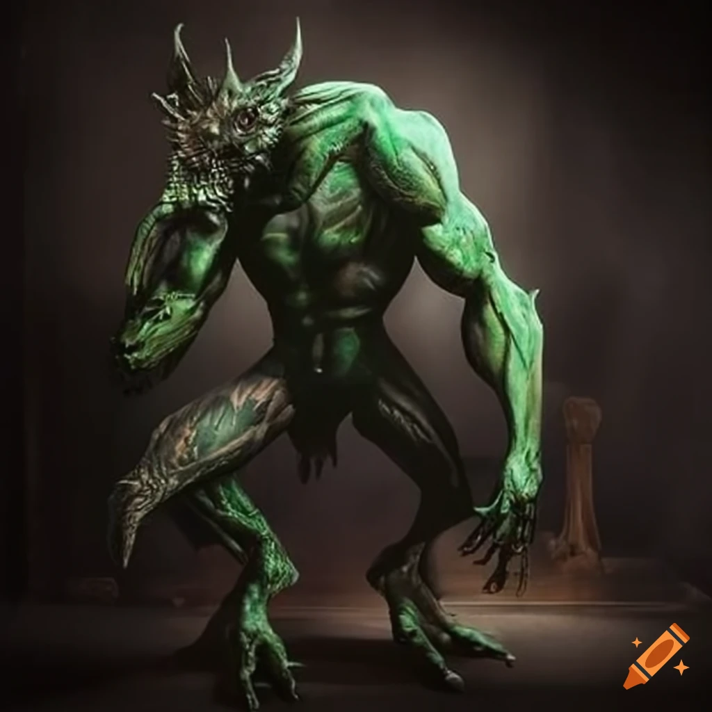 A dark green scaled dragon humanoid strong and buff clawed with evil ...