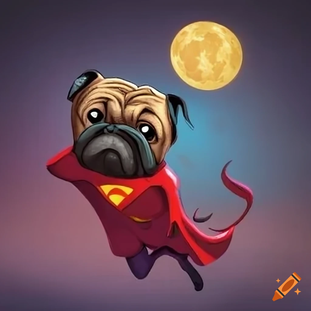 Pair of superhero cartoon pugs, energised the moon on Craiyon