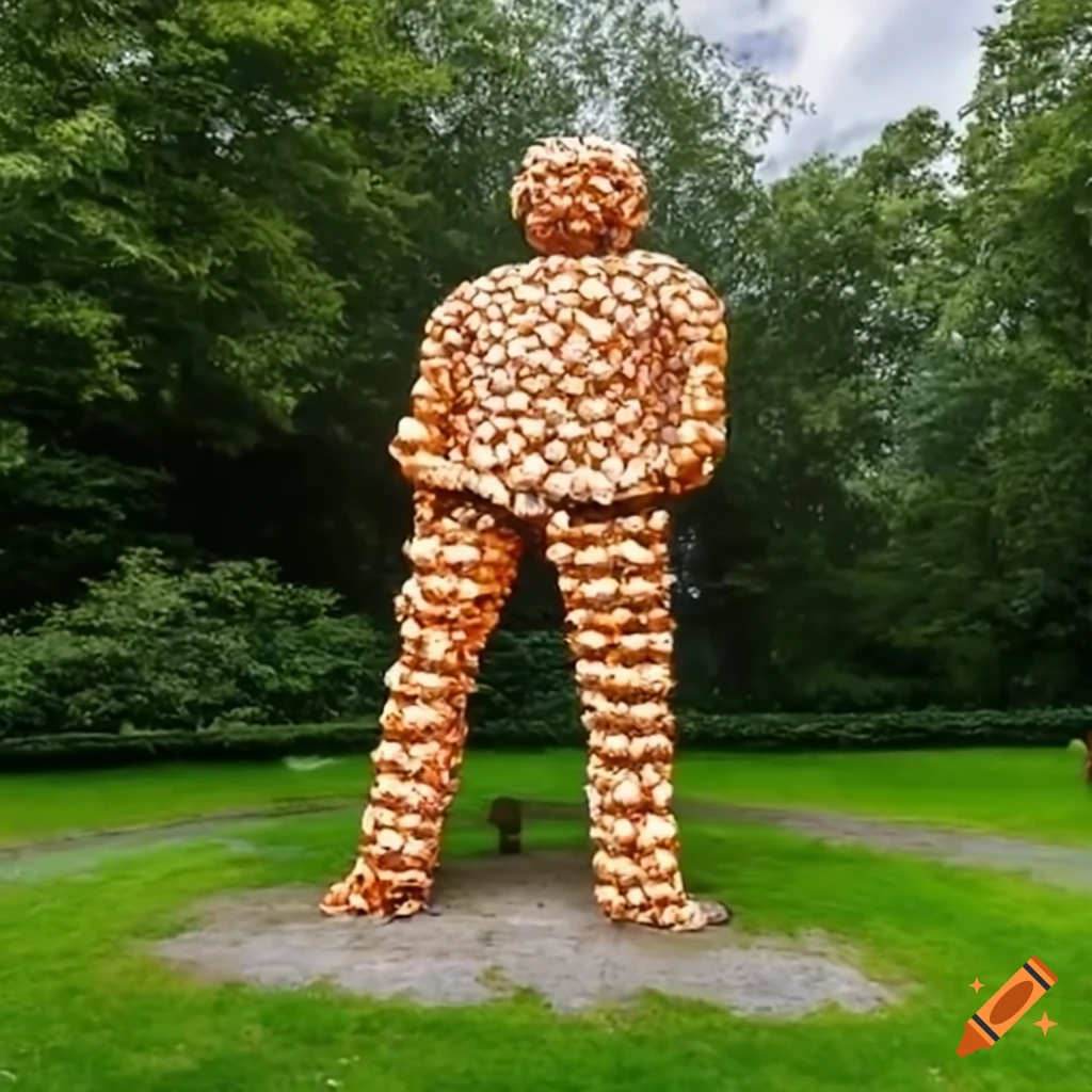 A statue of an average sized man made entirely out of popcorn in a park ...