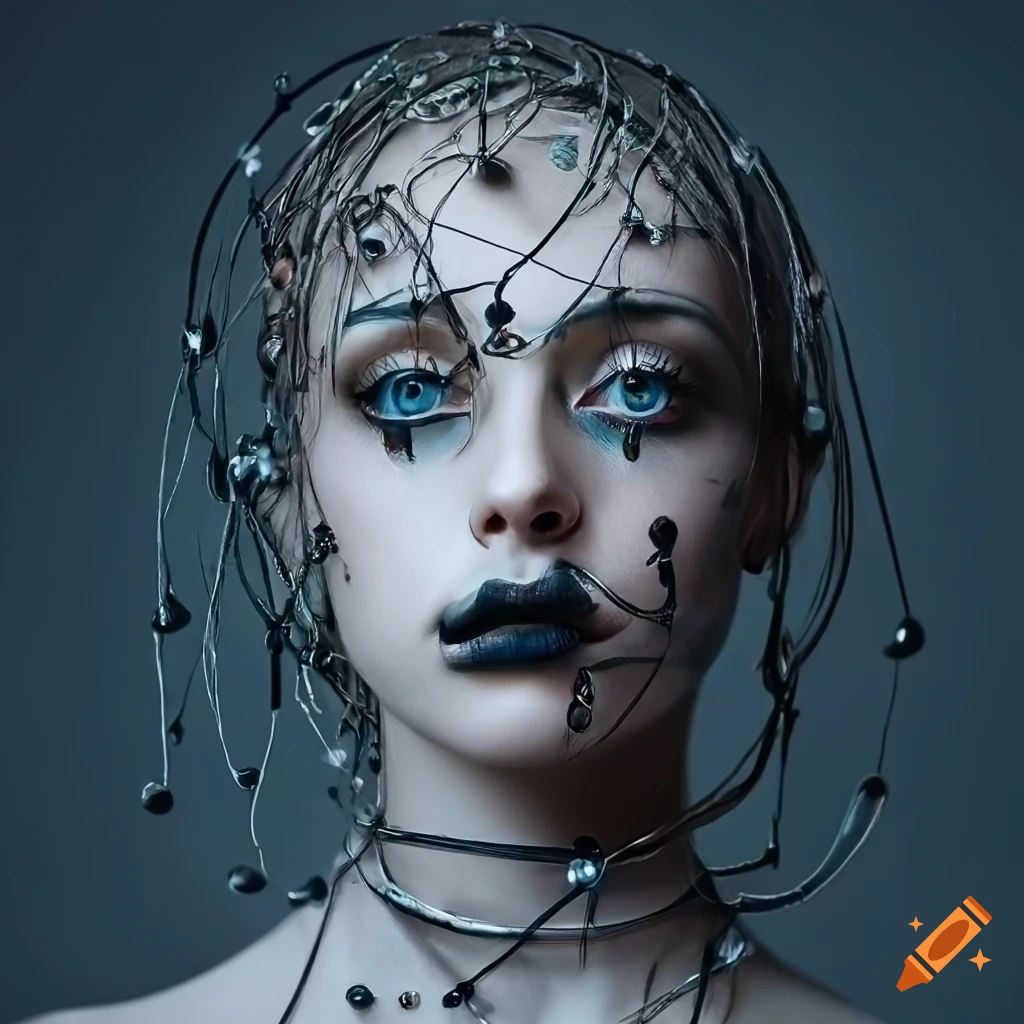 A beautiful futuristic portrait covered with wires and black pearl ...